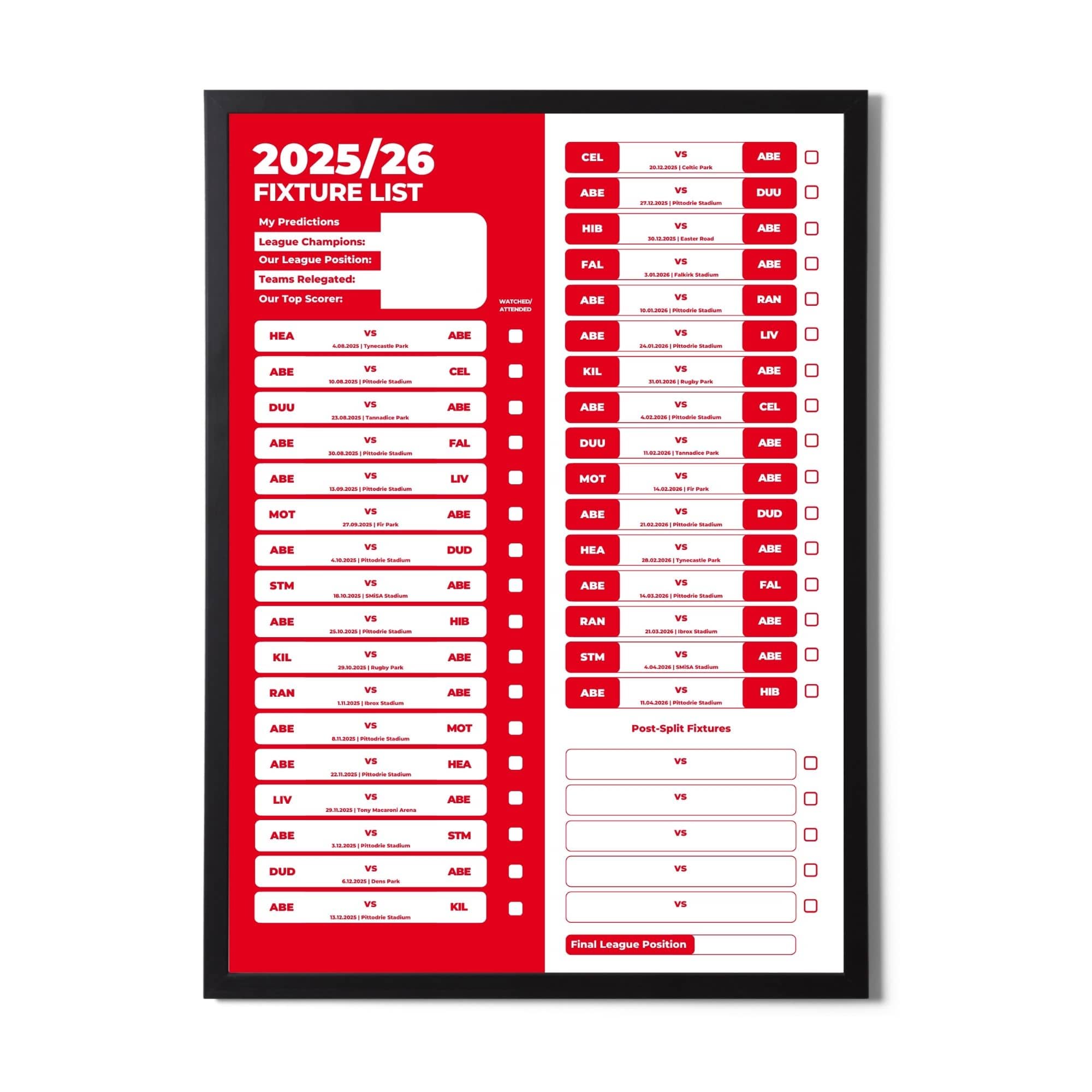 Scottish Premier League Clubs - 2025/26 Football Fixture Poster - A3 S ...