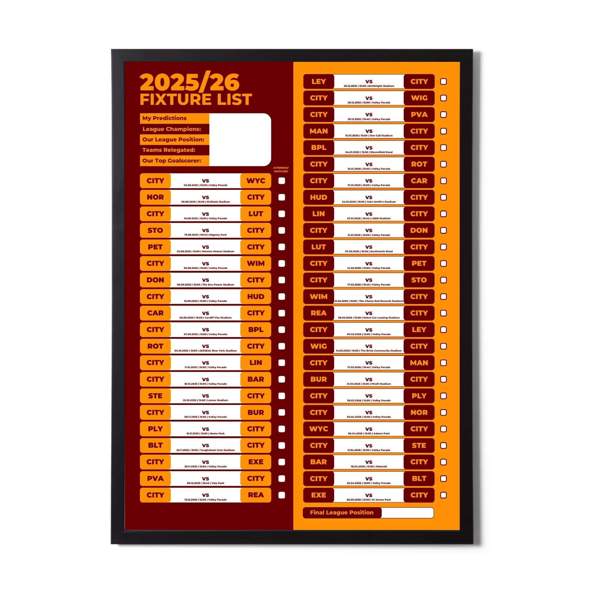 League 1 Clubs - 2025/26 Football Fixture Poster - A3 Size (29.7x42cm ...