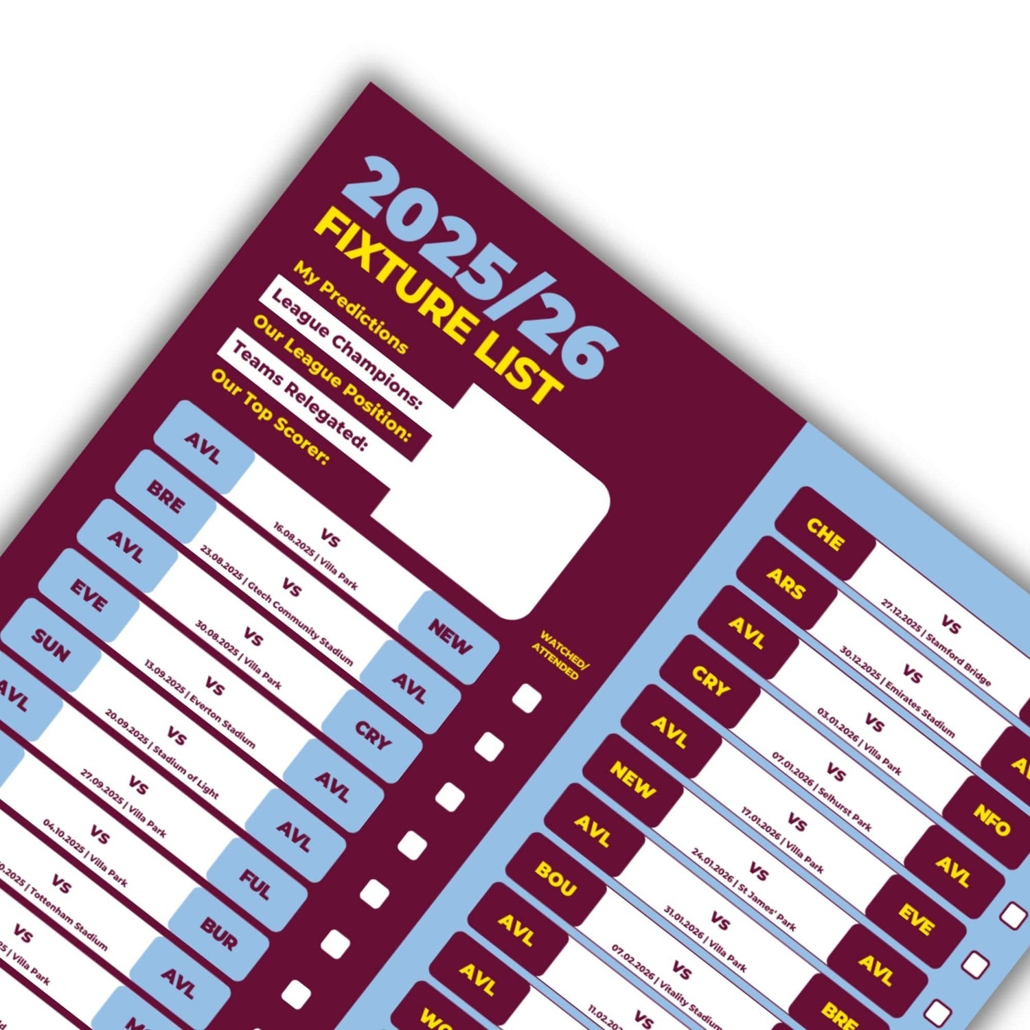 Premier League Clubs - 2025/26 Football Fixture Poster - A3 Size (29.7 ...